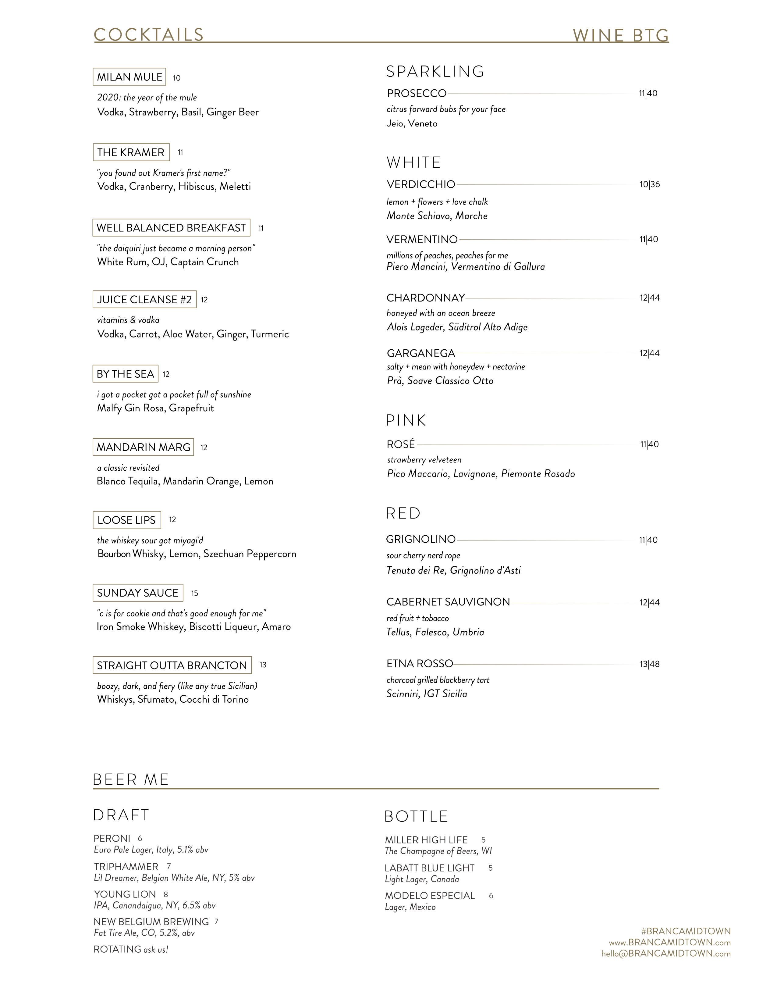 Dine In Menu | Branca Midtown