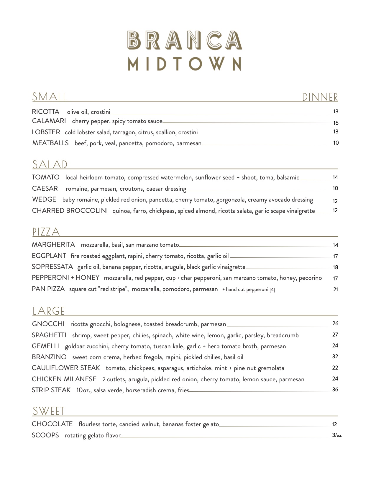Dine In Menu | Branca Midtown